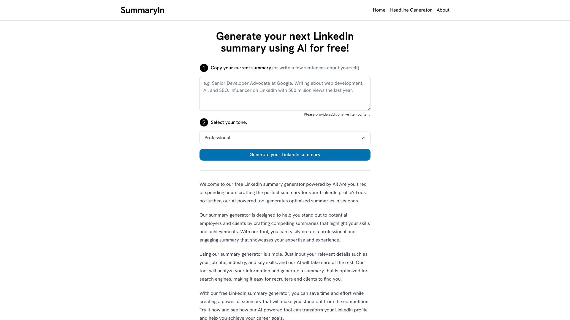 Ai Powered Linkedin Summary Generator Find Your Ai Tools 9448